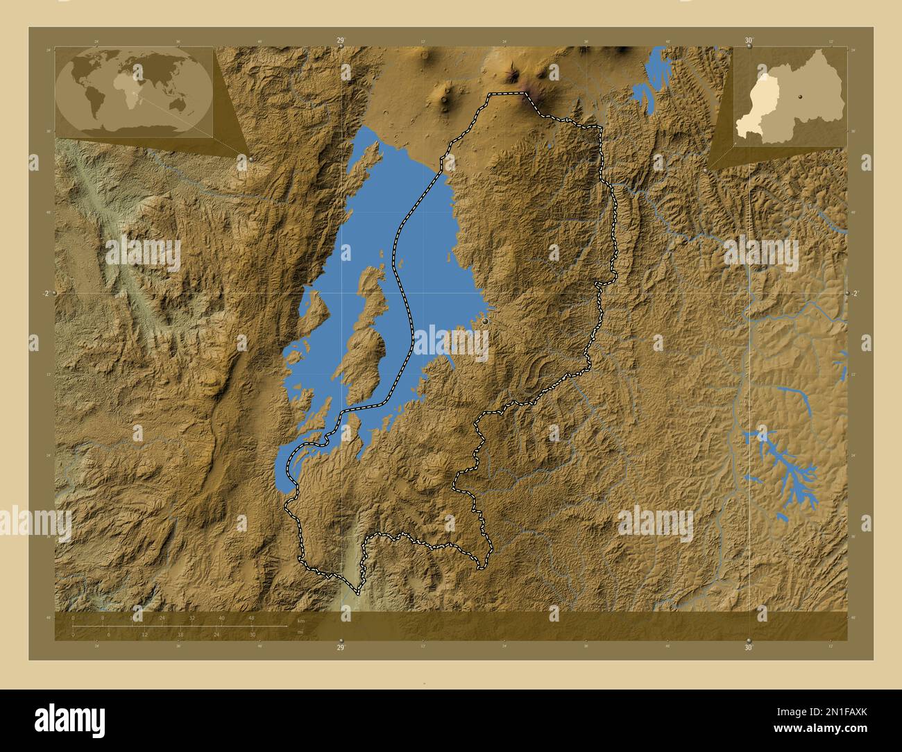 Iburengerazuba, province of Rwanda. Colored elevation map with lakes ...