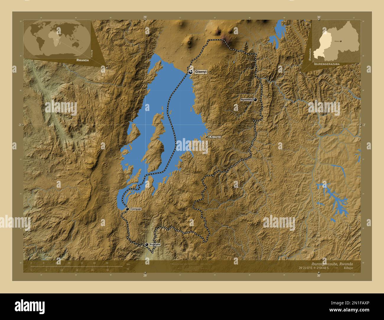 Iburengerazuba, province of Rwanda. Colored elevation map with lakes ...