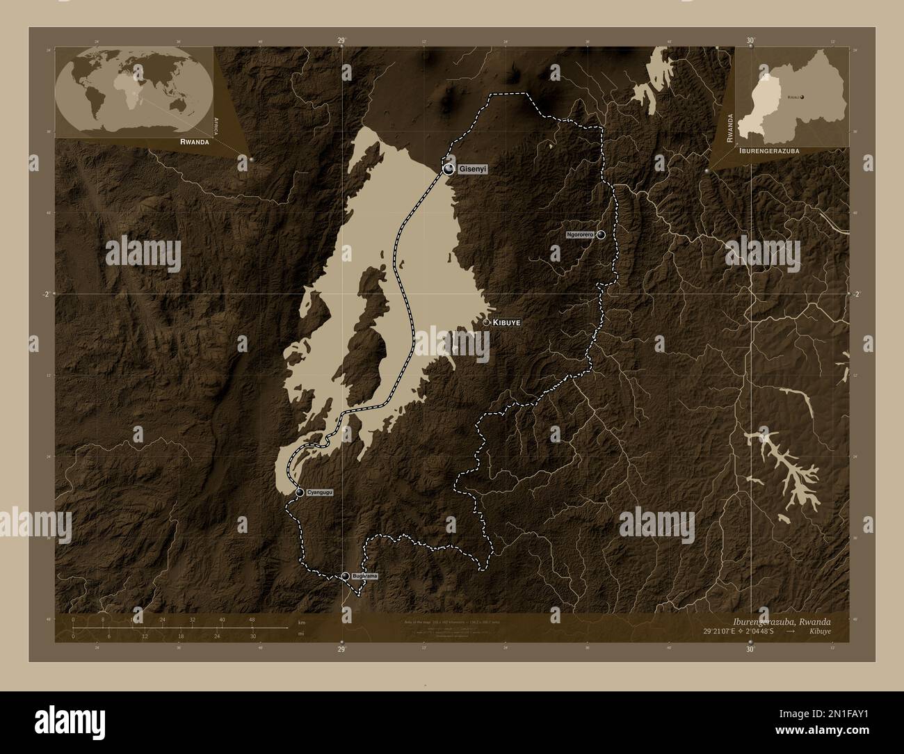Iburengerazuba, province of Rwanda. Elevation map colored in sepia ...