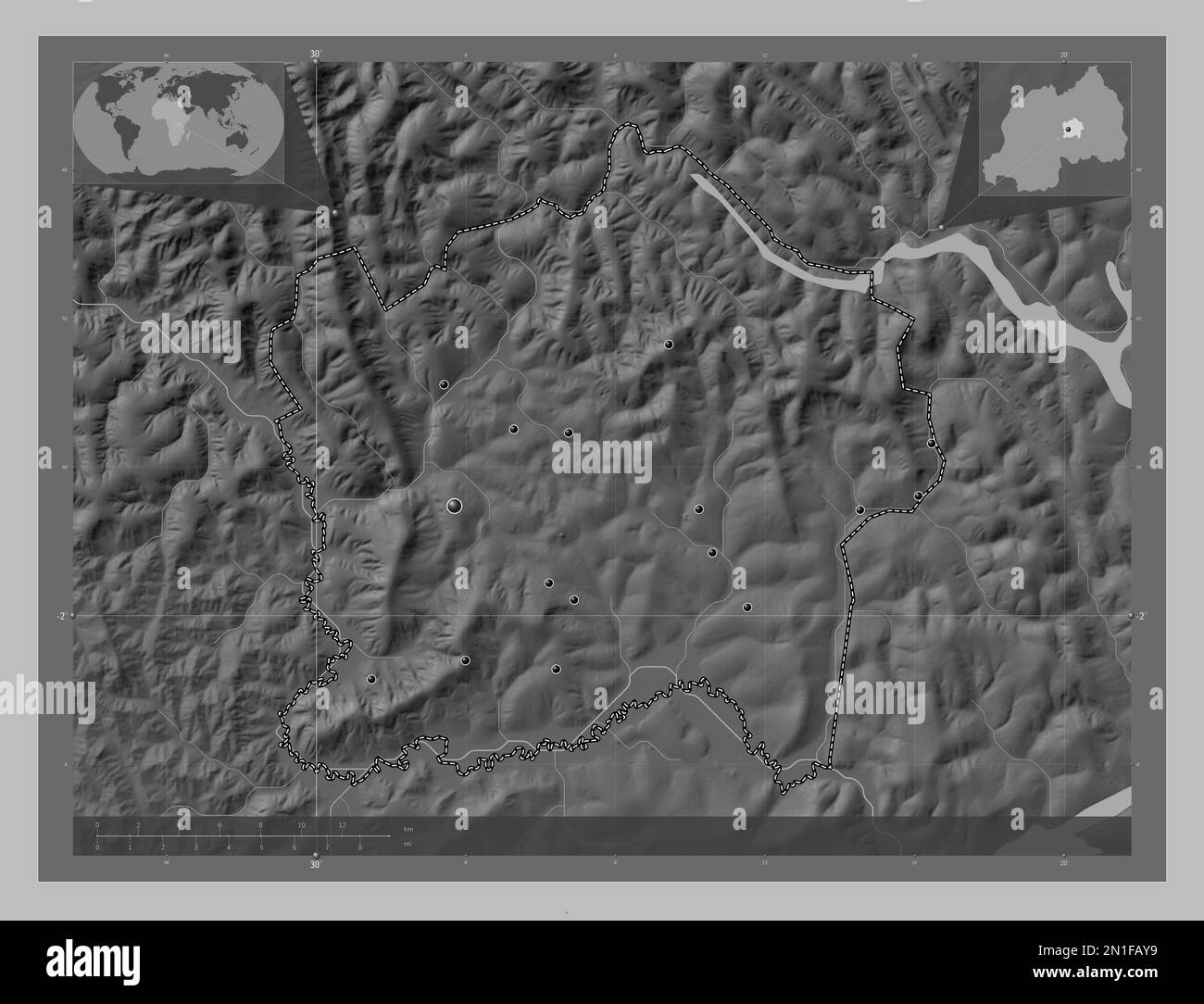 Umujyi wa Kigali, province of Rwanda. Grayscale elevation map with ...