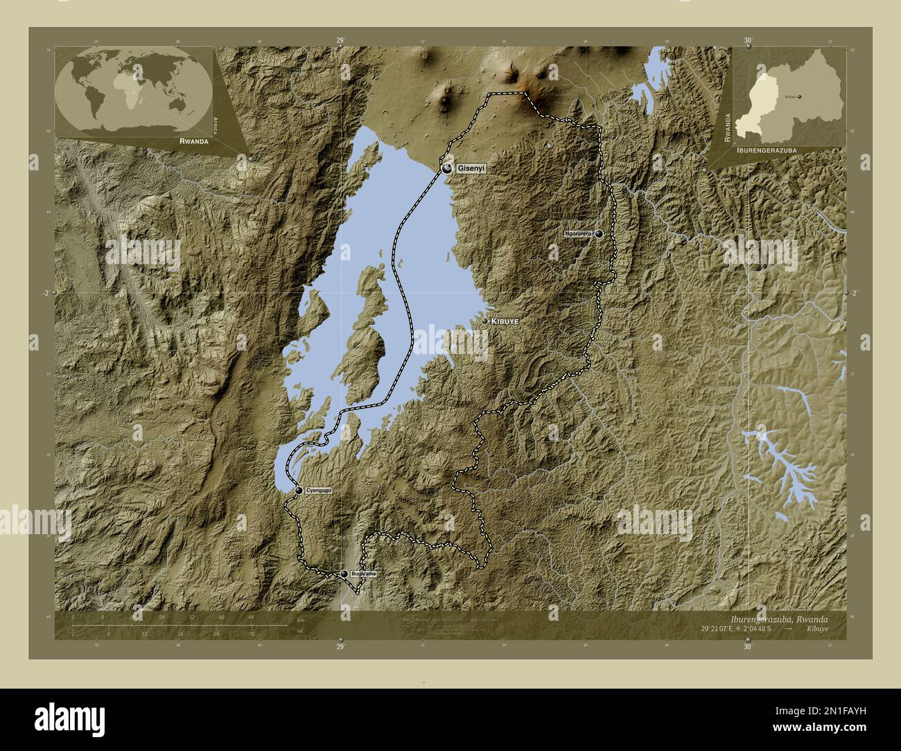 Iburengerazuba, province of Rwanda. Elevation map colored in wiki style ...
