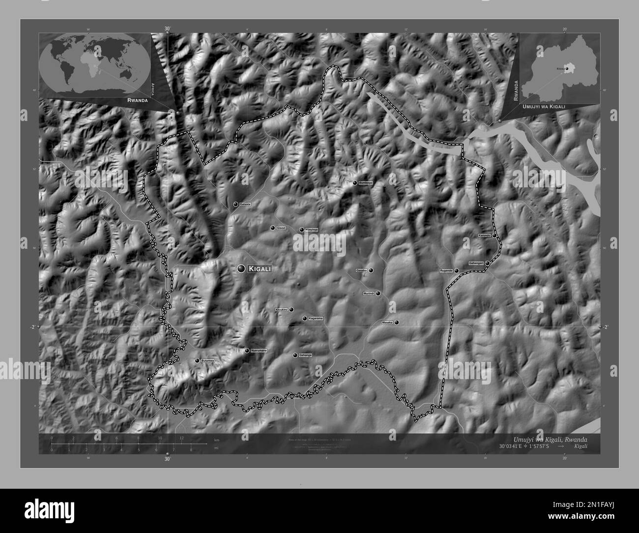 Umujyi wa Kigali, province of Rwanda. Bilevel elevation map with lakes ...