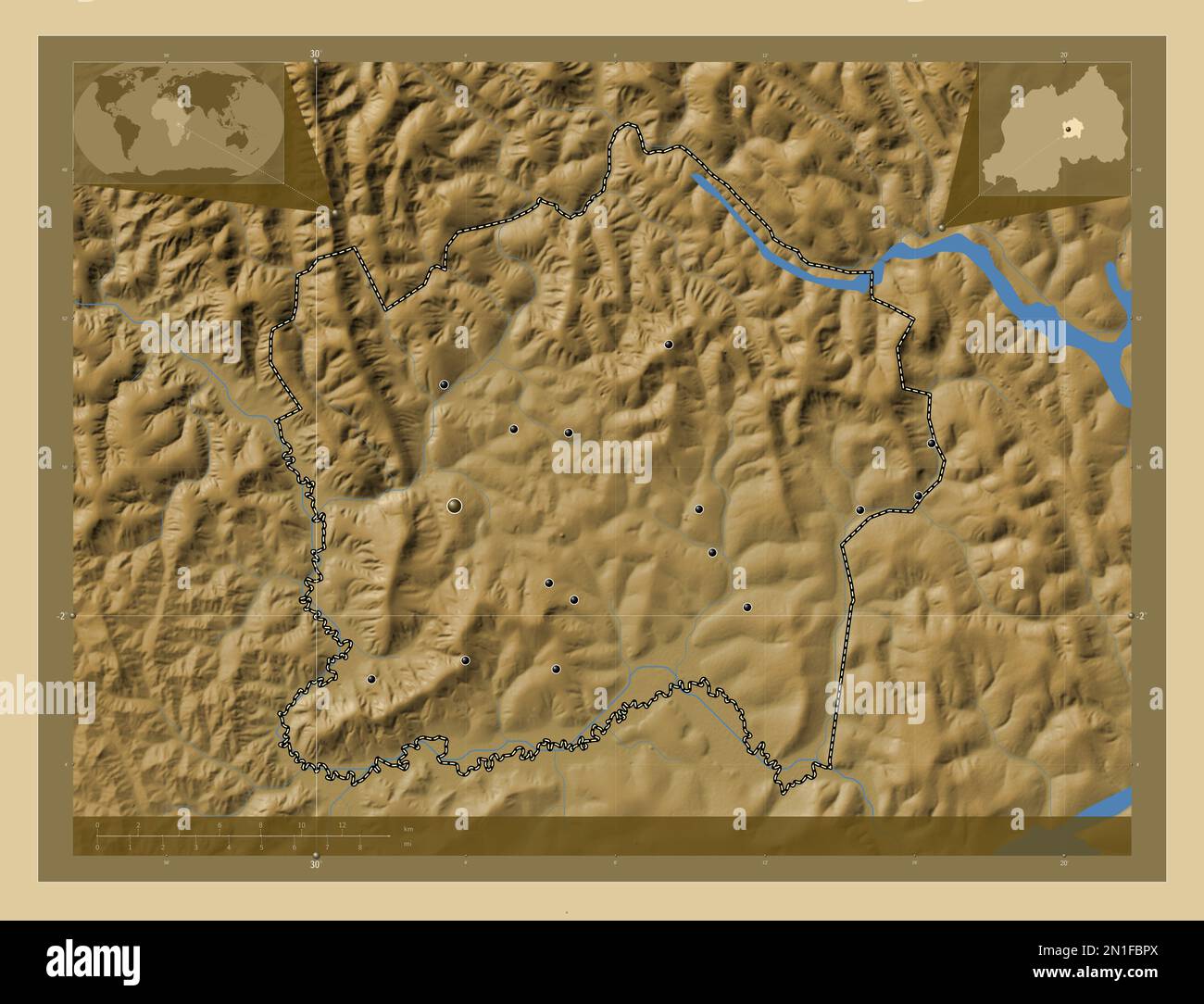 Umujyi wa Kigali, province of Rwanda. Colored elevation map with lakes ...