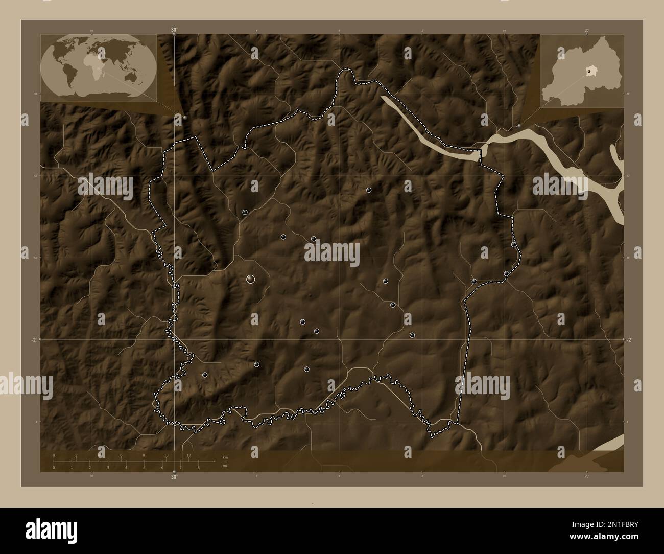 Umujyi wa Kigali, province of Rwanda. Elevation map colored in sepia ...