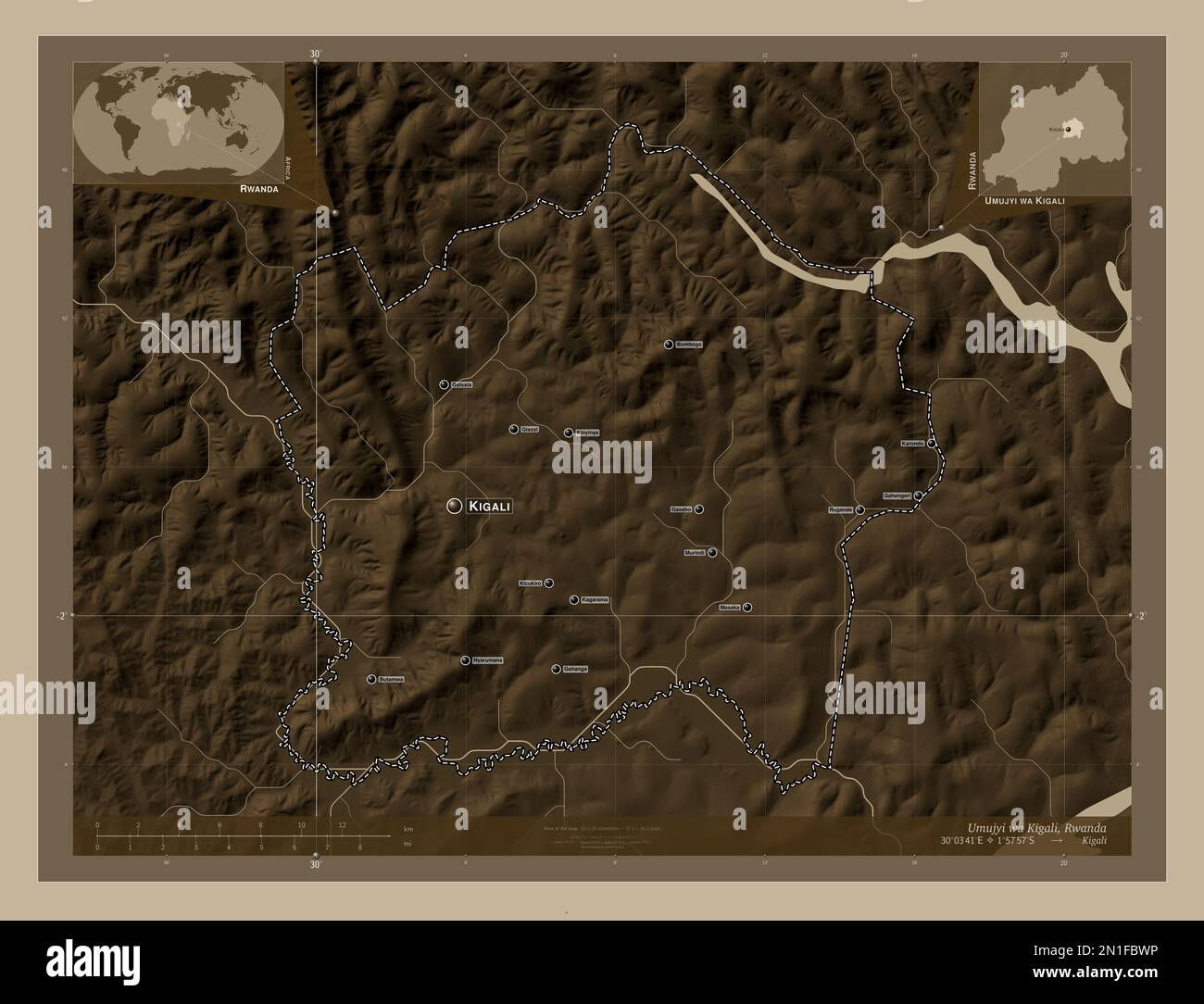 Umujyi wa Kigali, province of Rwanda. Elevation map colored in sepia ...