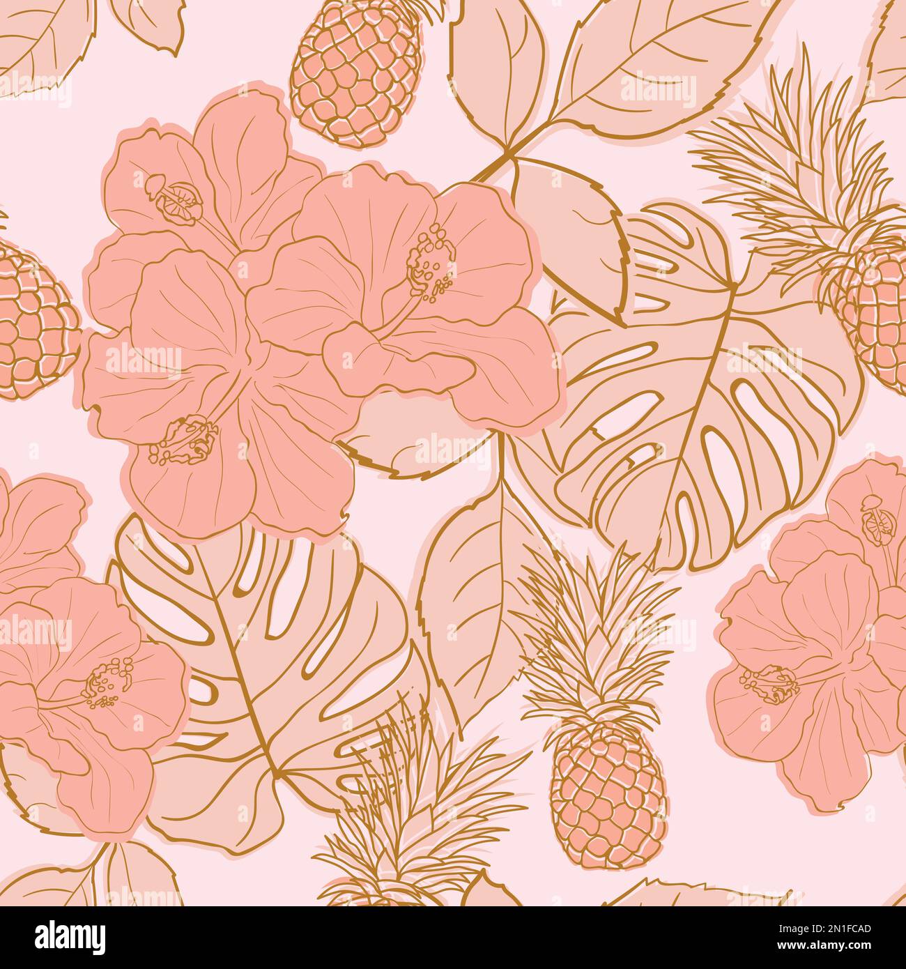 Tropical hibiscus, palm leaves, monstera, pineapple seamless pattern background. Exotic jungle ...