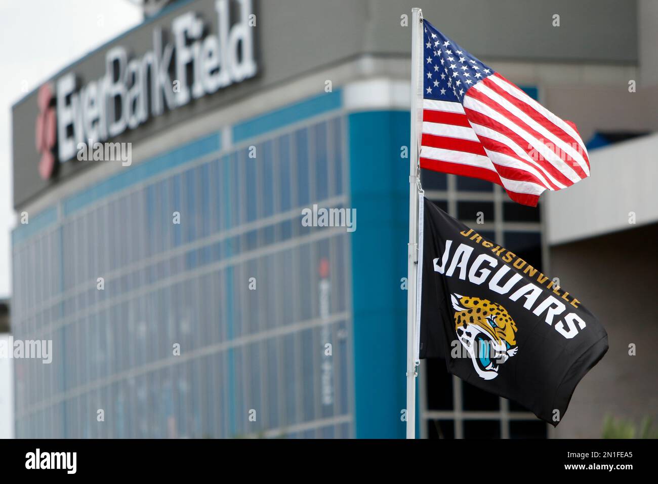 Tailgaters fly flags in the parking lot of EverBank Field before the ...