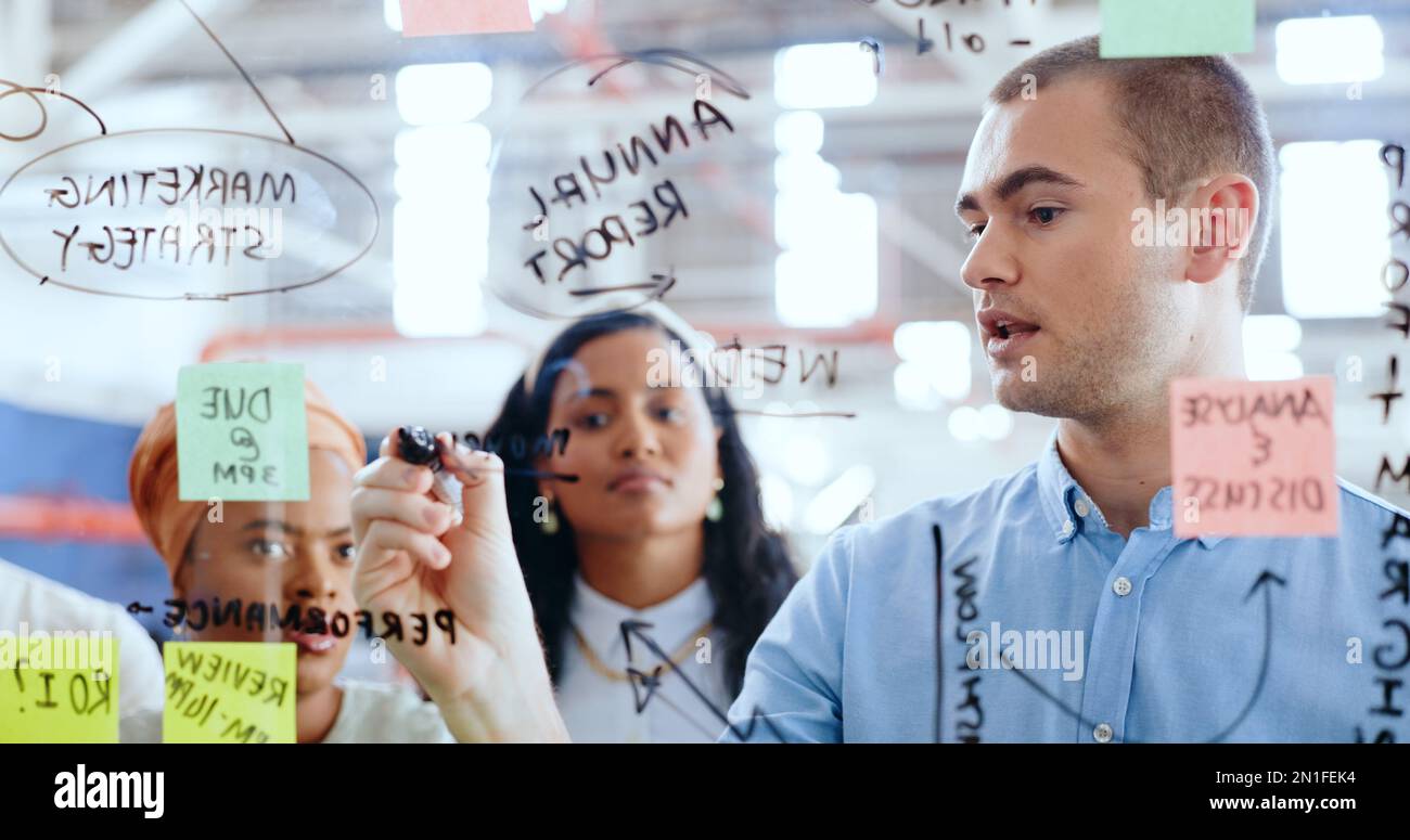 Notes, business meeting and idea writing with sticky notes and office ...