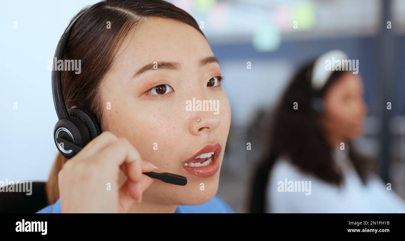 Confused, frustrated and call center woman consulting customer with ...