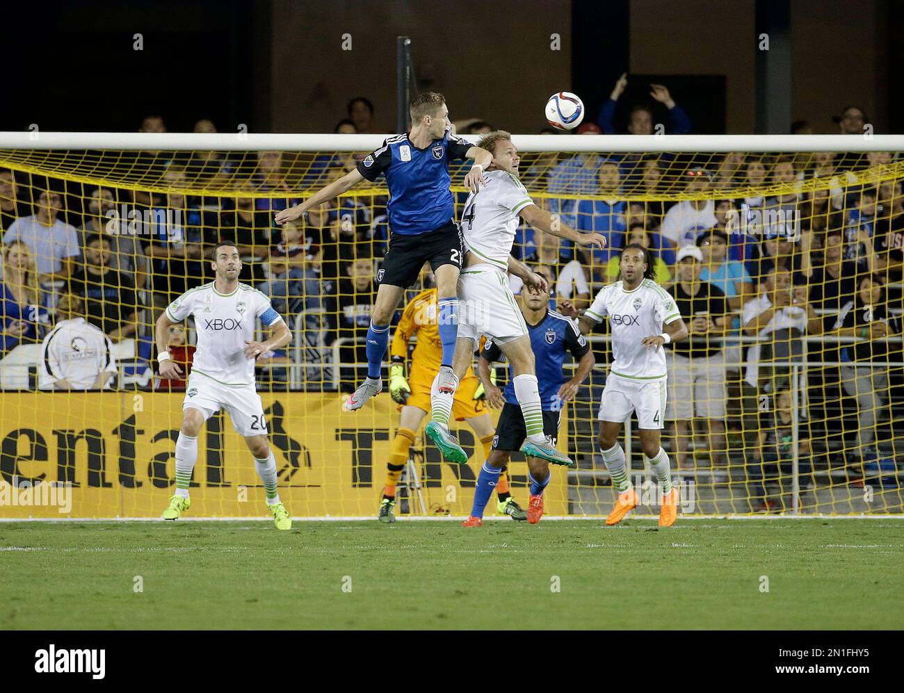 San Jose Earthquakes defender Clarence Goodson (21) jumps for the ball ...