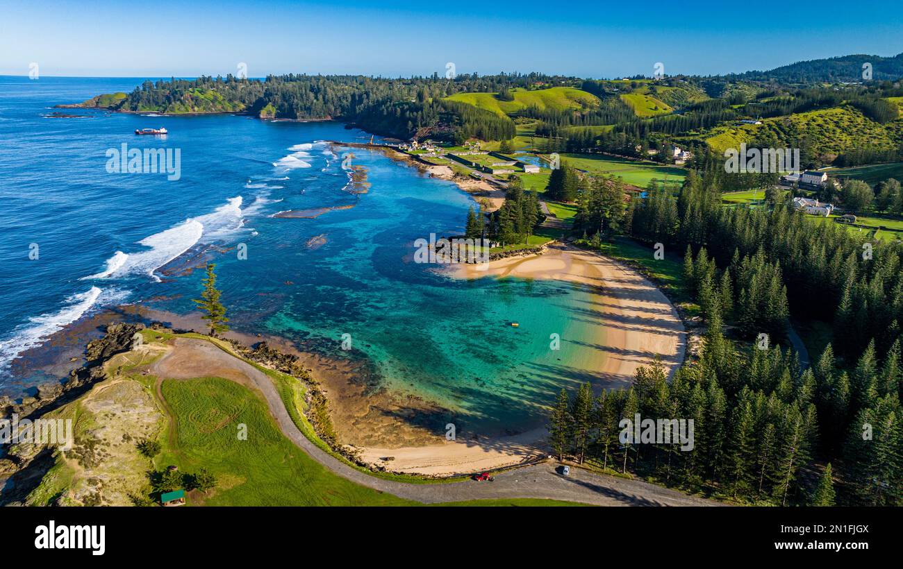 Aerial of Emily Bay, UNESCO World Heritage Site, Norfolk island ...