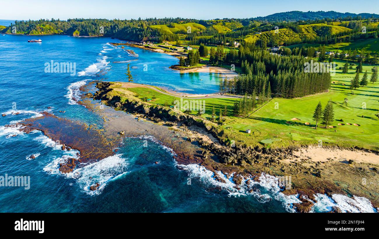 Aerial of Emily Bay, UNESCO World Heritage Site, Norfolk island ...