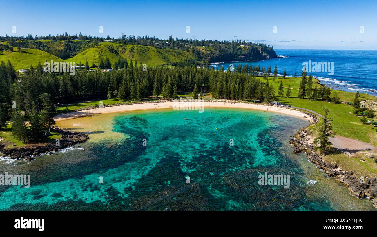 Aerial of Emily Bay, UNESCO World Heritage Site, Norfolk Island ...