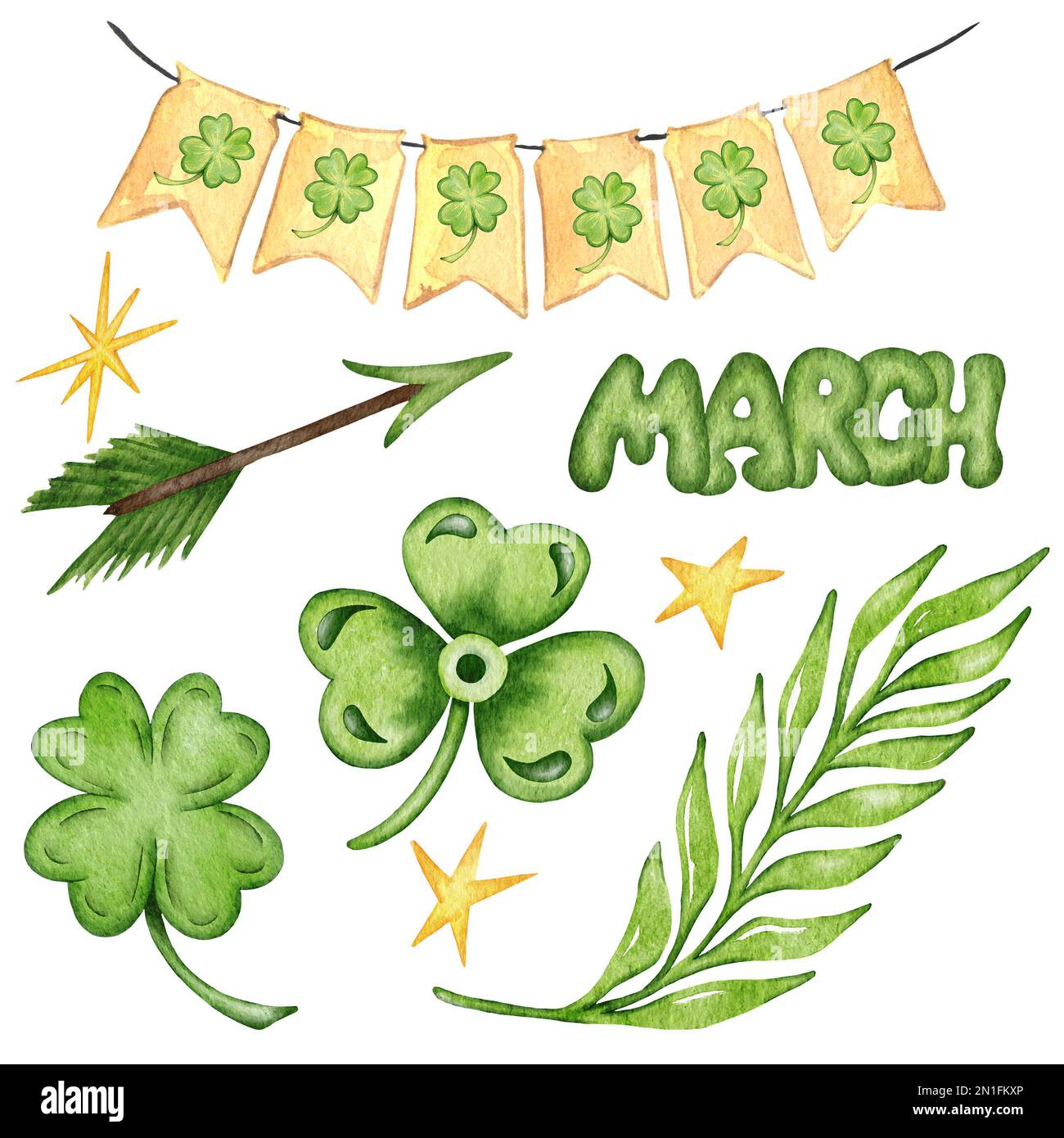 Set for st. Patrick's day with green clover leaf, arrow, buntings ...
