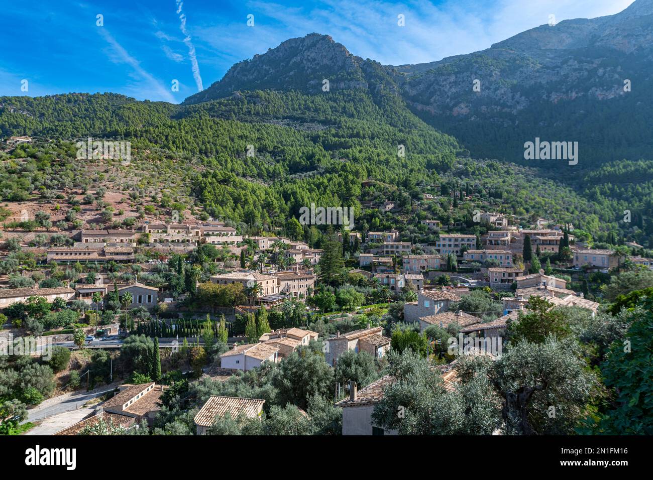 Aerial of the mountain village of Deia, Serra de Tramuntana, UNESCO ...