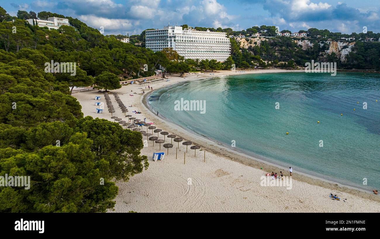 Aerial of the beach of Cala Galdana, Menorca, Balearic Islands, Spain ...
