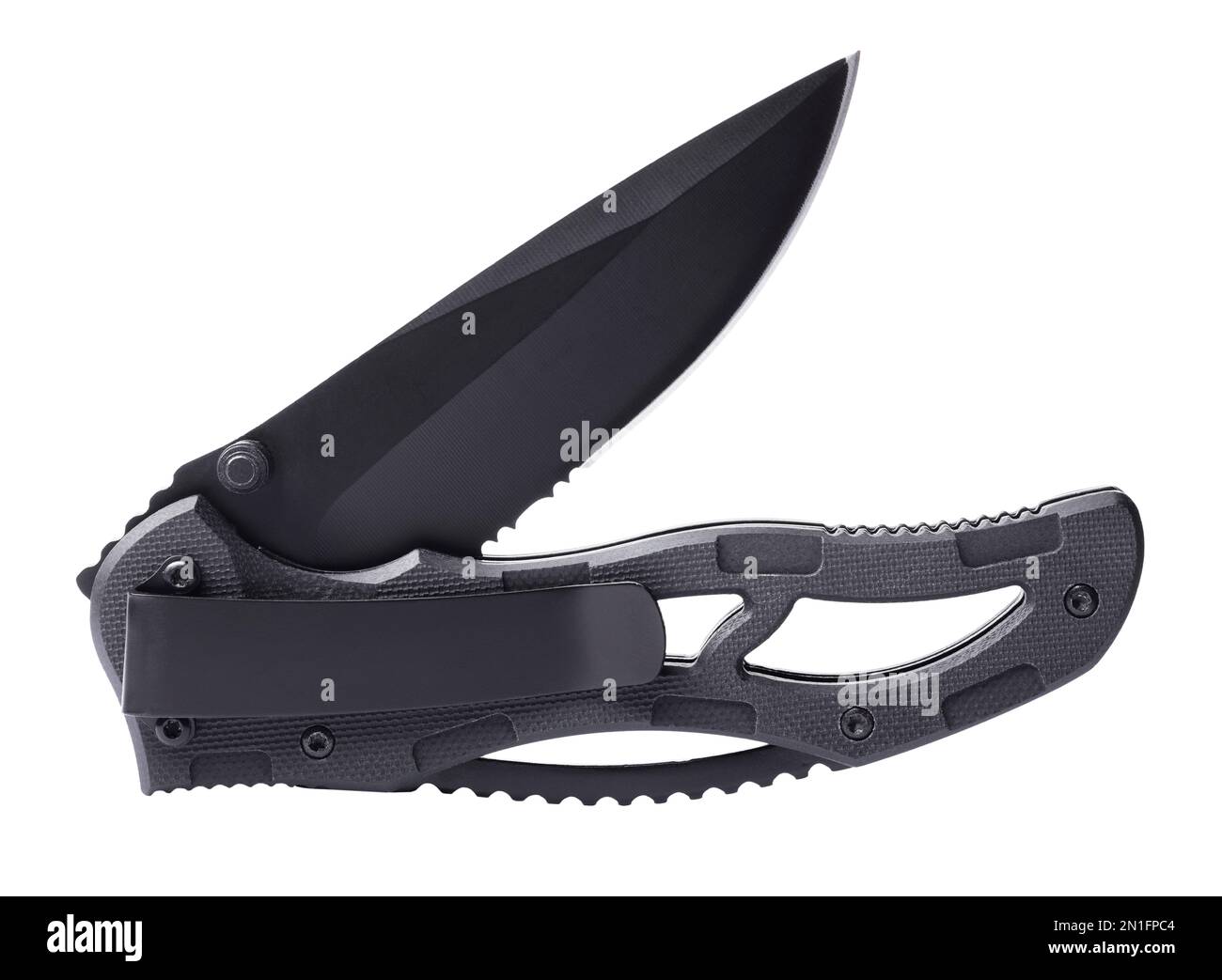 Blade partially open on a tactical folding knife with a pocket clip for ...