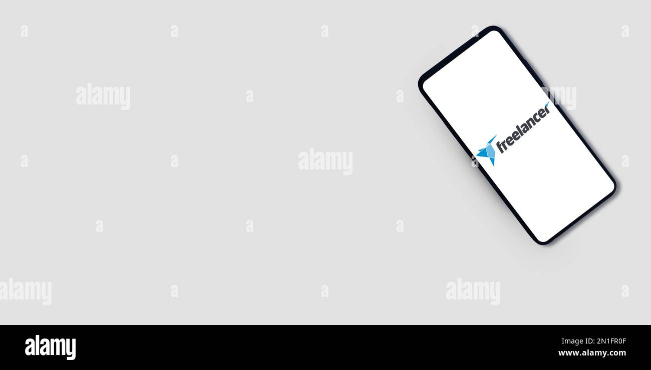 Freelancer mobile app with free copy space banner, editorial background ...