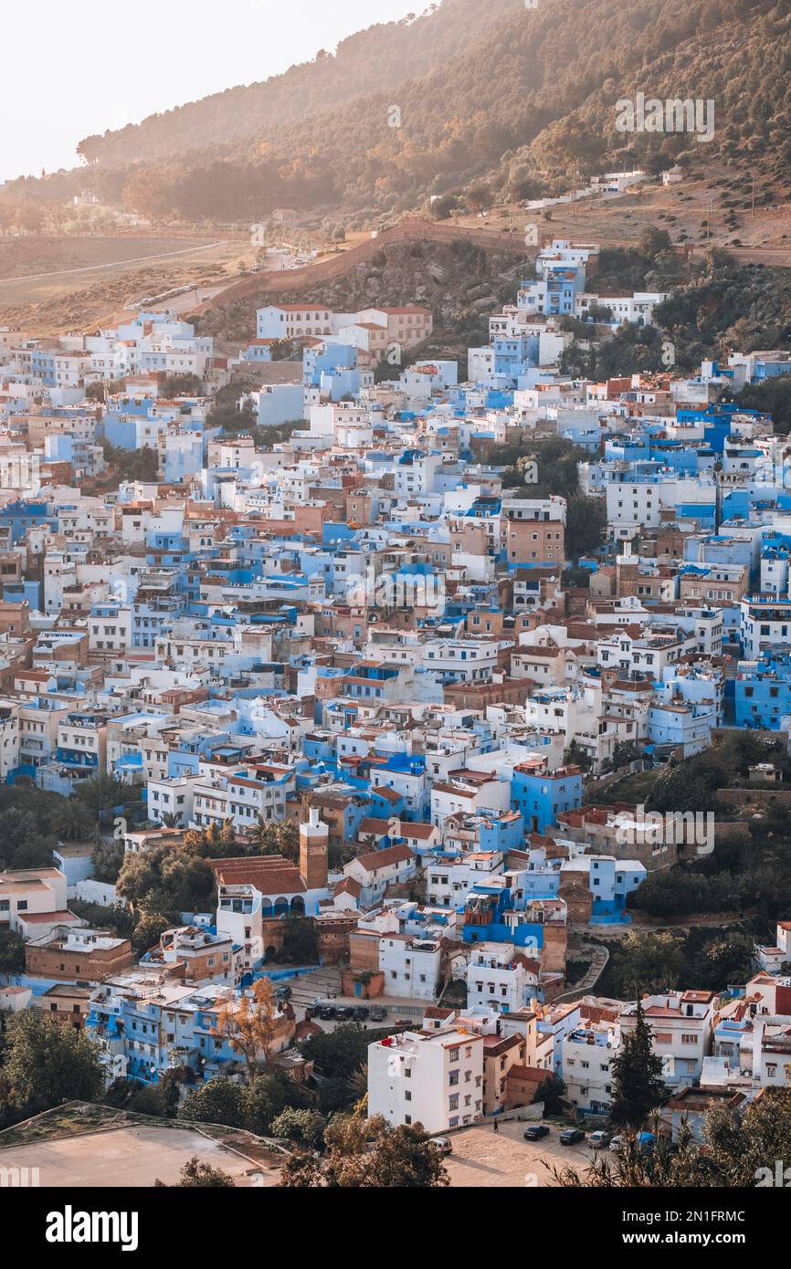 The blue city of Chefchaouen seen from the above, Chefchaouen, Morocco ...