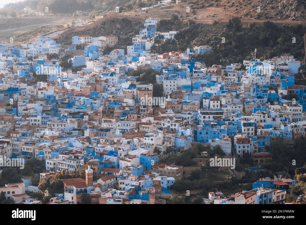The blue city of Chefchaouen seen from the above, Chefchaouen, Morocco ...