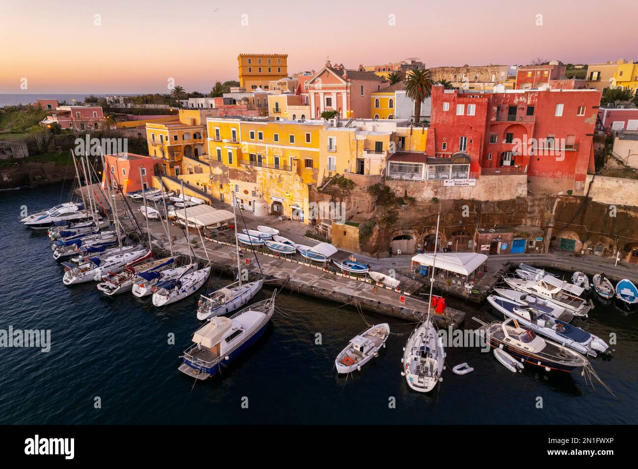Aerial view of the Roman harbour of Ventotene at dawn, Pontine Islands ...