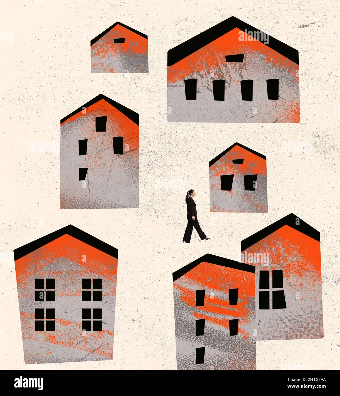 Girl walking among buildings. Conceptual art collage in minimalistic ...