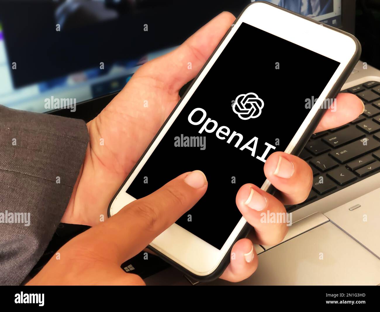 Man Using Chatgpt And Open Ai On Mobile With Touching On Screen Tech Editorial Background Stock