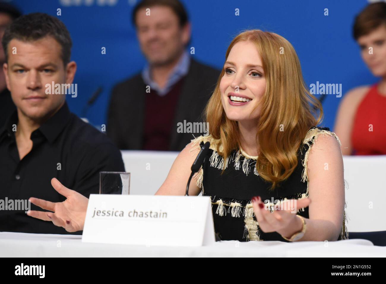 Actors Matt Damon, left, and Jessica Chastain attend the "The Martian ...