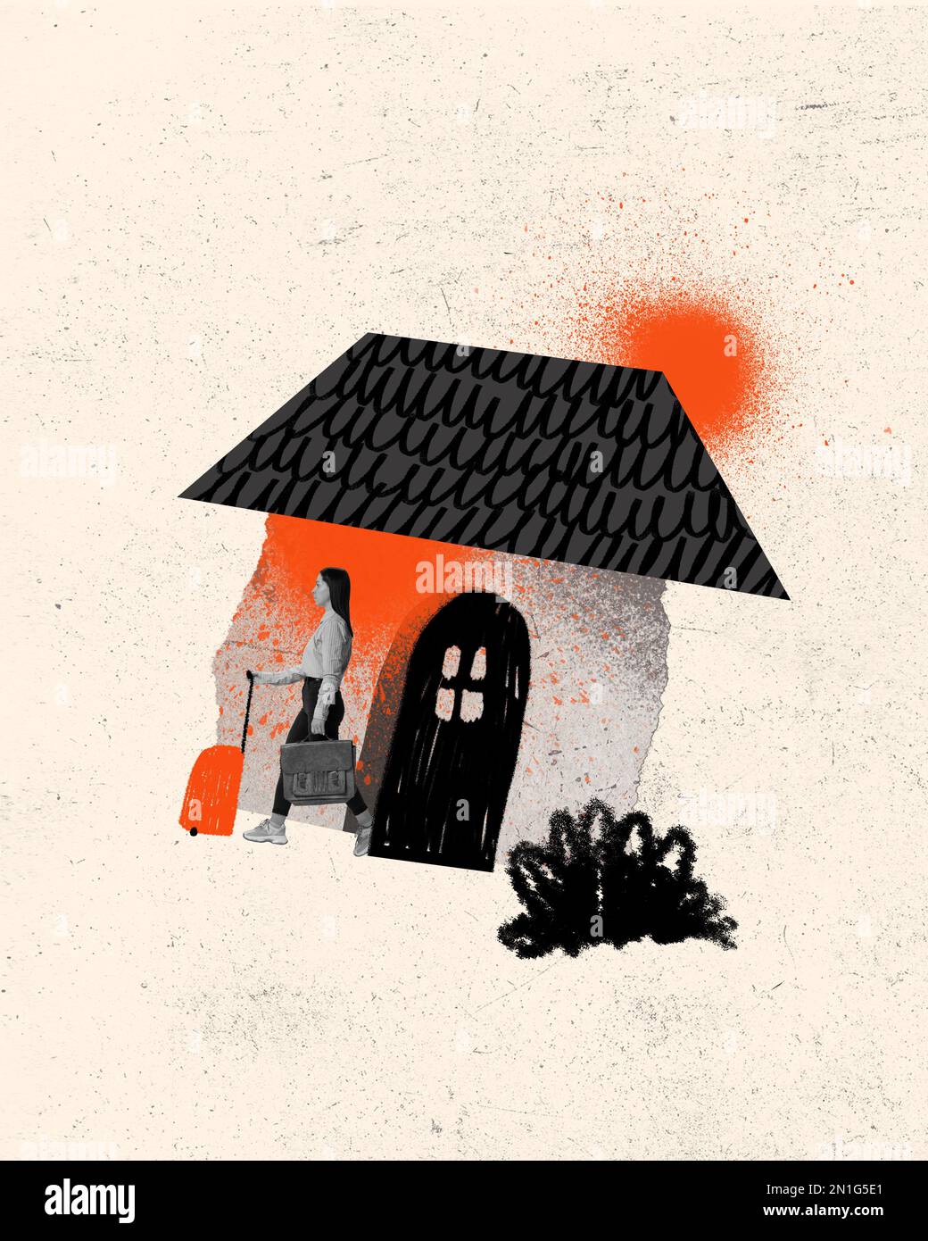 Woman leaving house. Conceptual art collage in minimalistic style about theme of resettlement ...