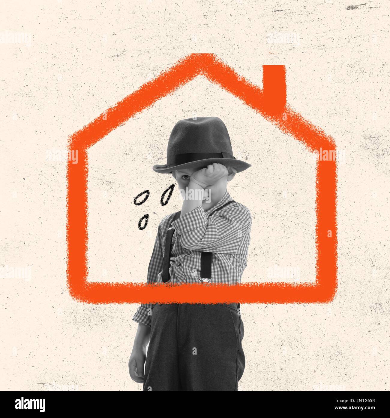 Sad little boy crying. Conceptual art collage in minimalistic style ...