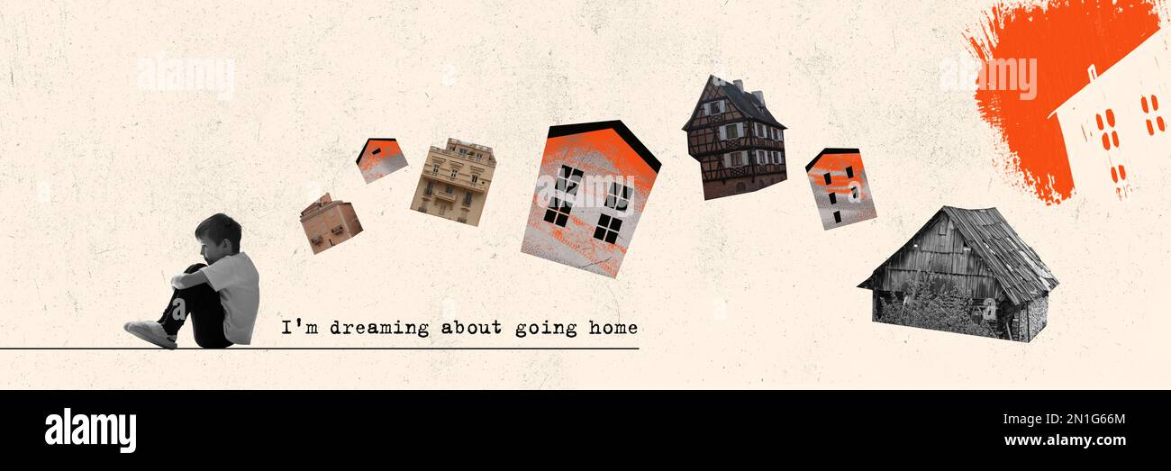 Sad boy sitting among drawn buildings. Conceptual art collage in ...