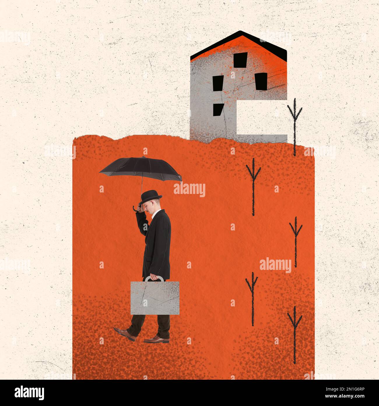 Man leaving house. Conceptual art collage in minimalistic style about ...