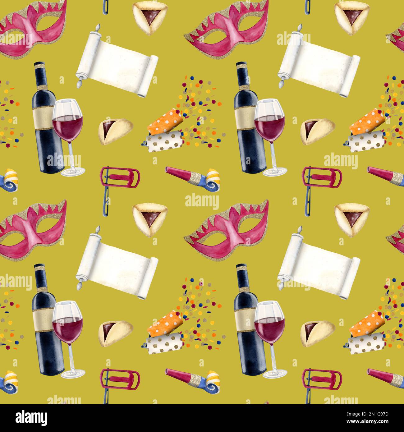 Hand drawn watercolor seamless pattern for Purim on greenish yellow ...