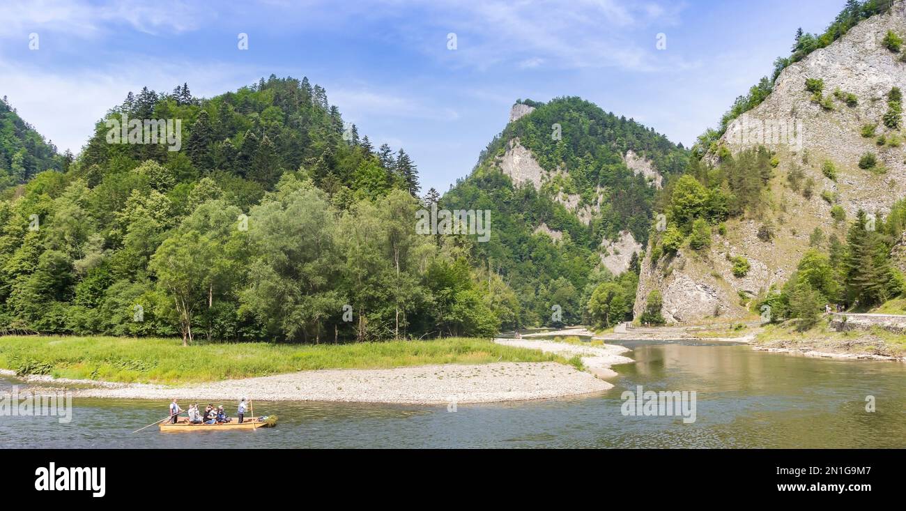 Panorama of a boat with tourists in the Dunajec gorge near Szczawnica ...