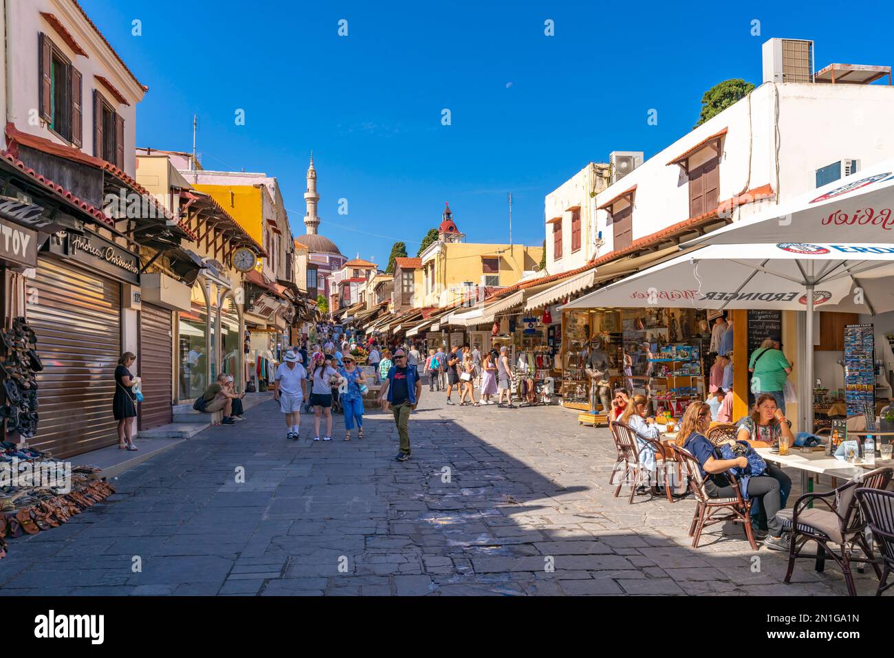 View of Mosque of Suleiman and shops on Soktratous, Old Rhodes Town ...