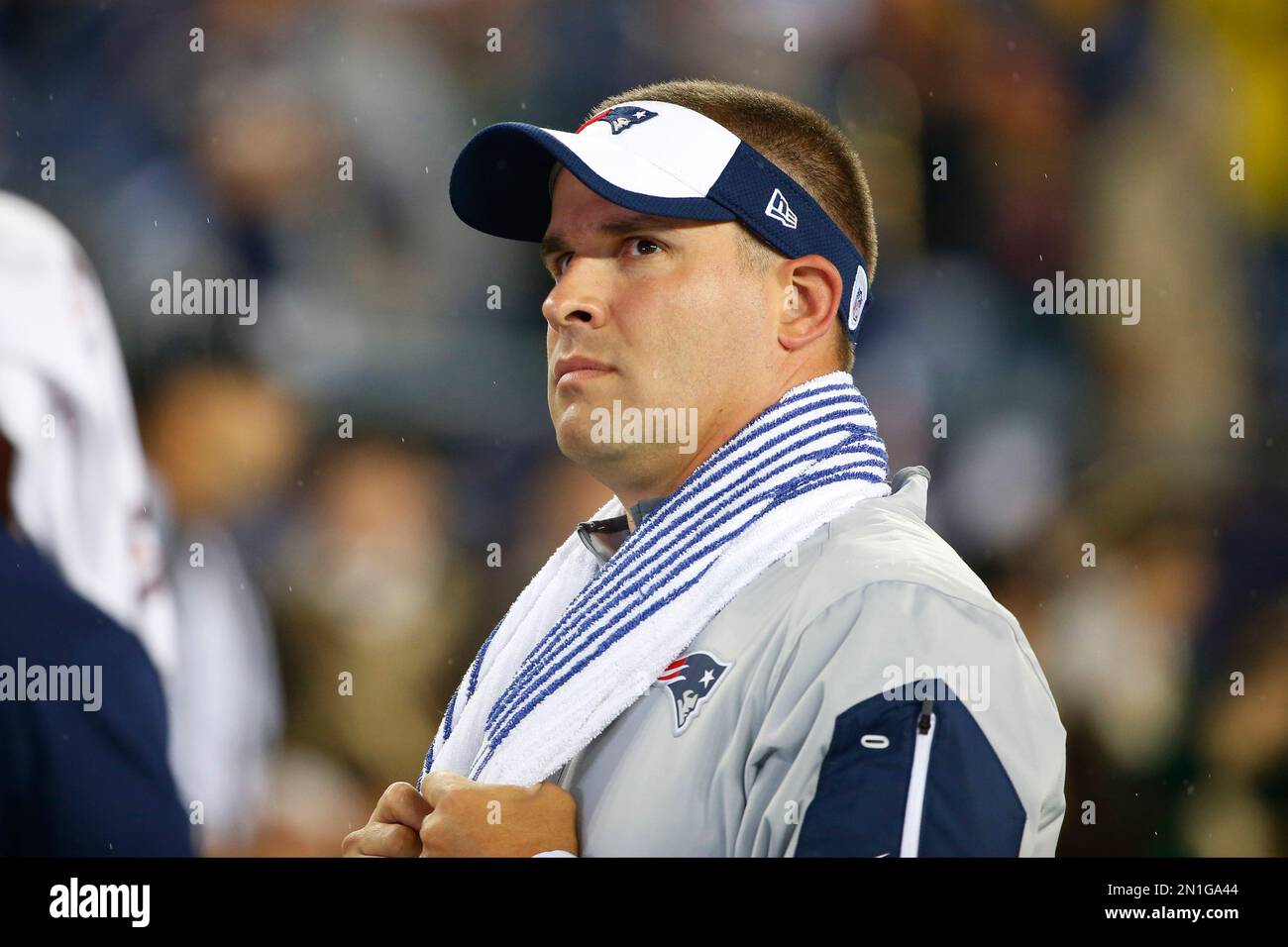 New England Patriots offensive coordinator Josh McDaniels before an NFL ...