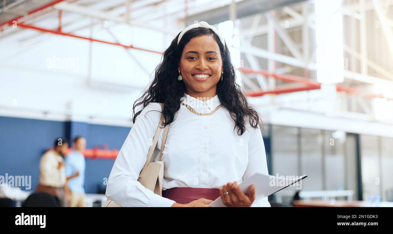 Internship, worker and young woman with face in corporate workplace ...