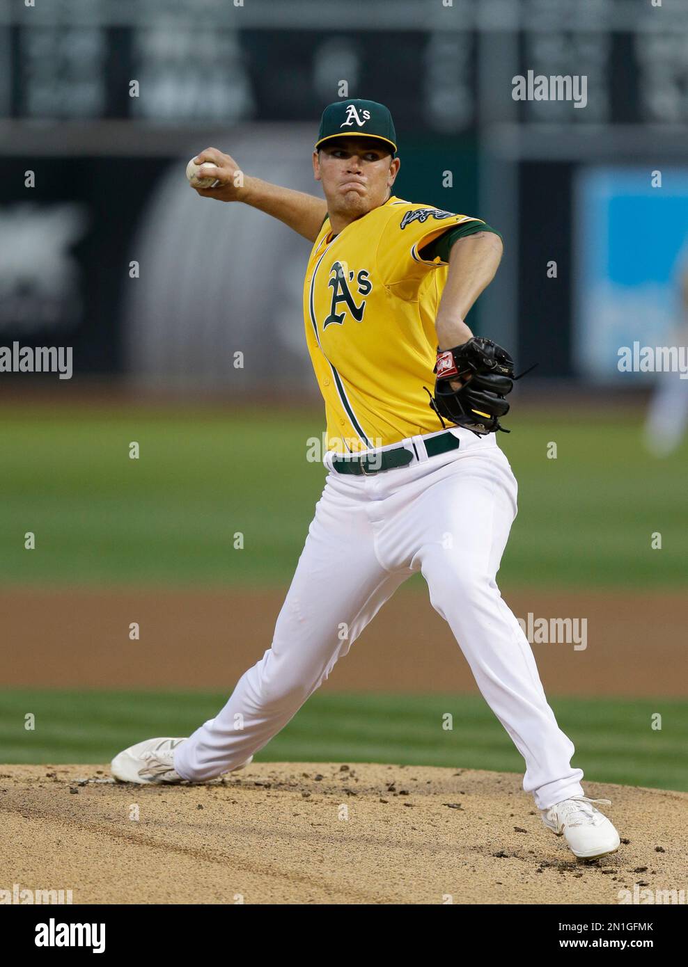Oakland Athletics pitcher Aaron Brooks works against the Houston Astros ...