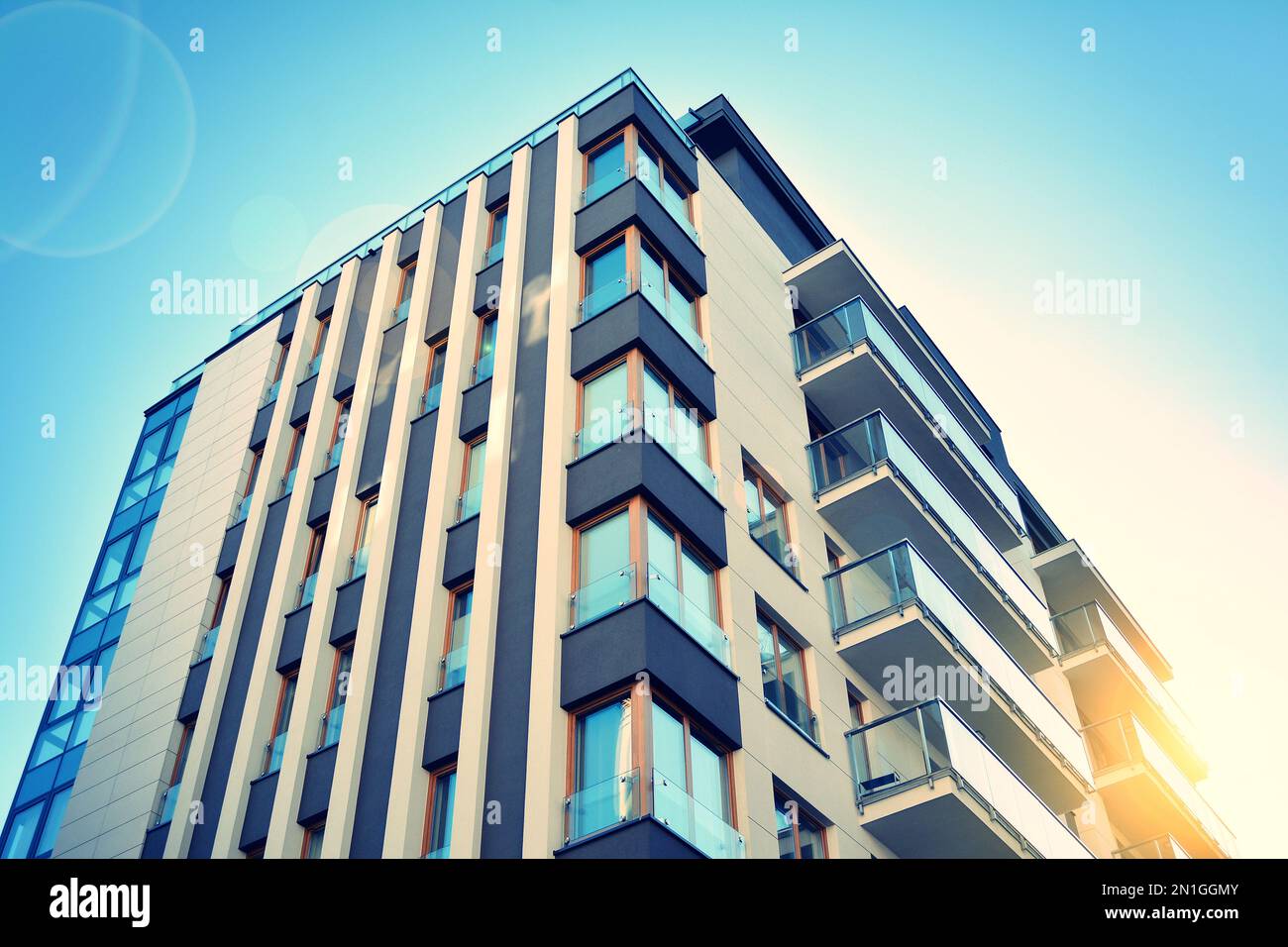 View of architectural exterior detail of residential apartment building ...