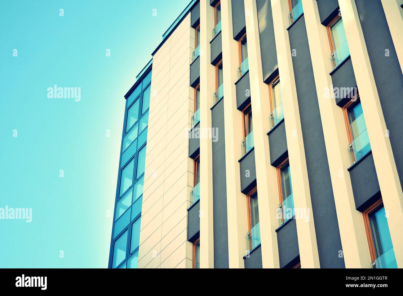 View of architectural exterior detail of residential apartment building ...