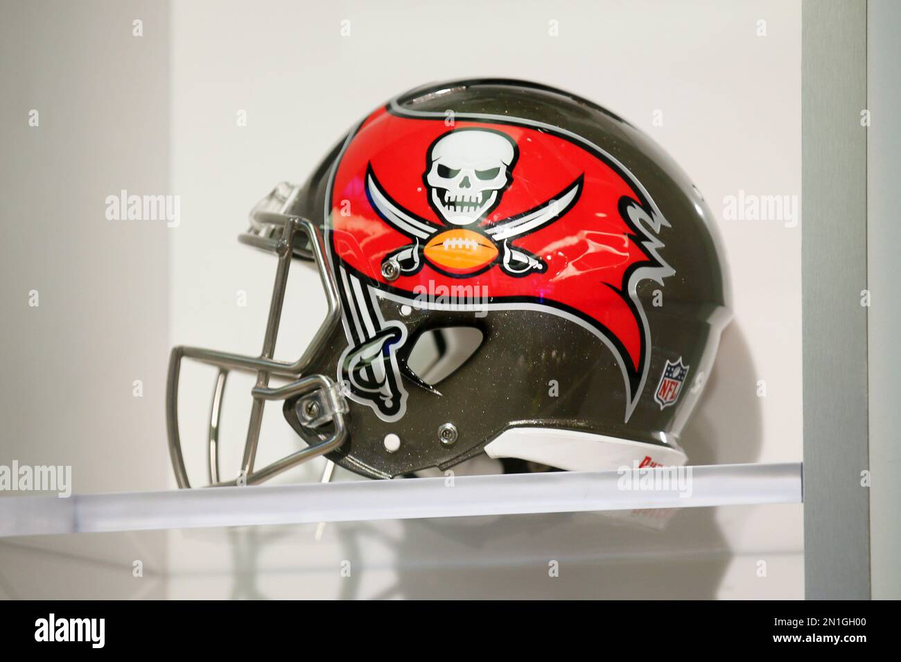 A Tampa Bay Buccaneers NFL football helmet is seen on display on the ...