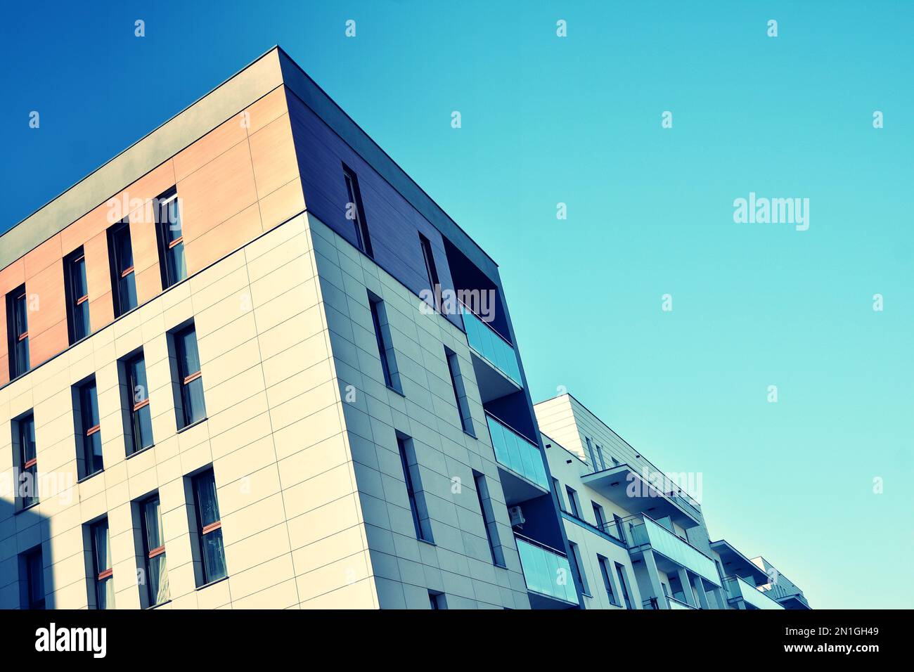 View of architectural exterior detail of residential apartment building ...