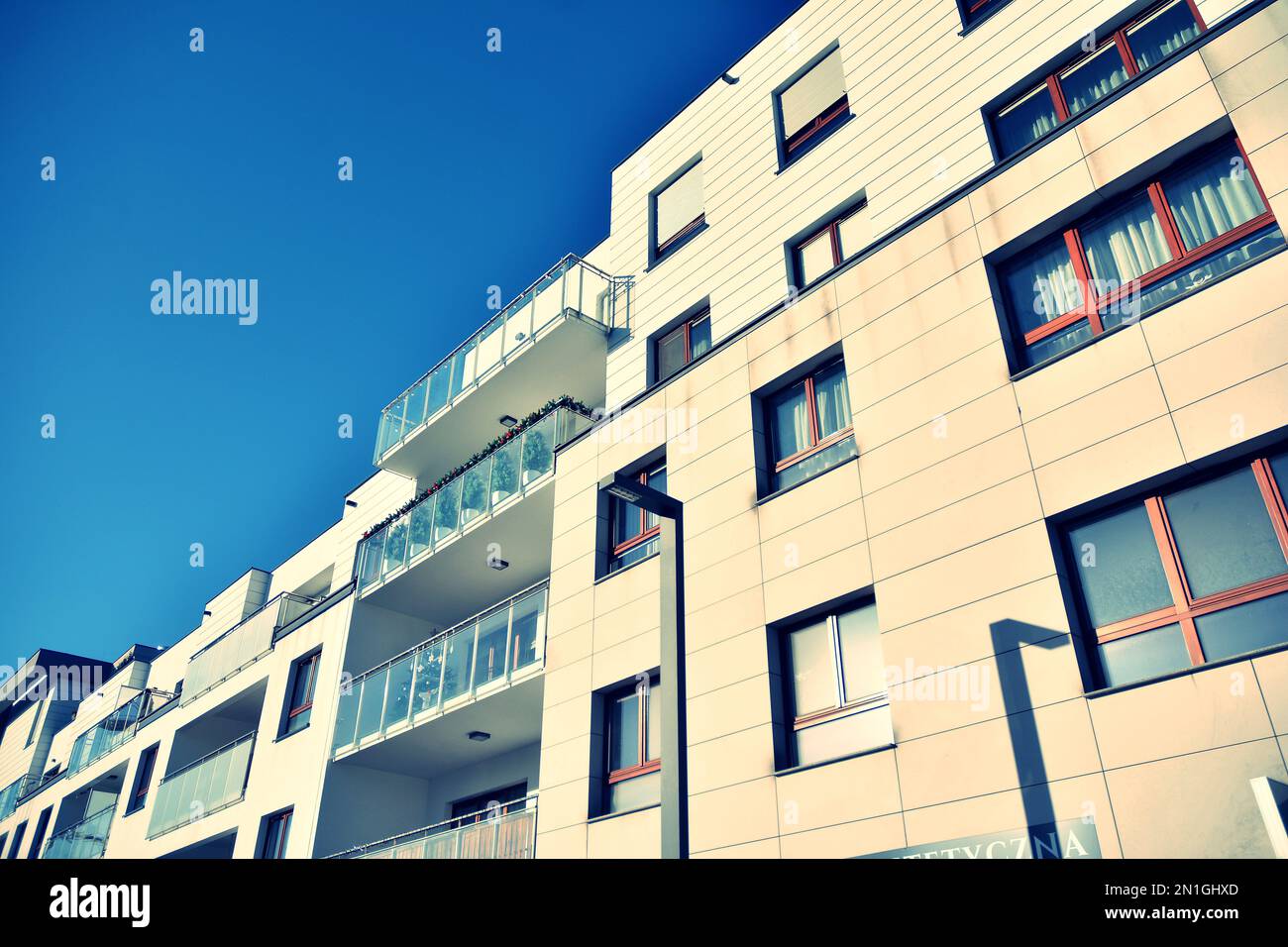 View of architectural exterior detail of residential apartment building ...