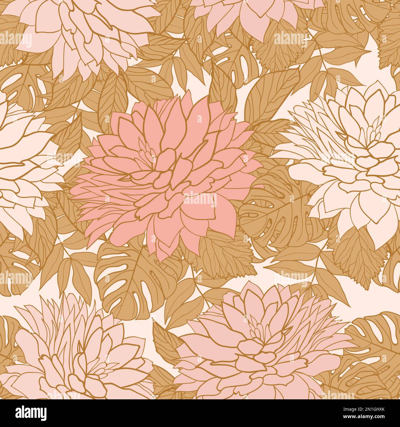 Marigold flowers and leaves seamless pattern background. Tropical peony wrapping paper or ...