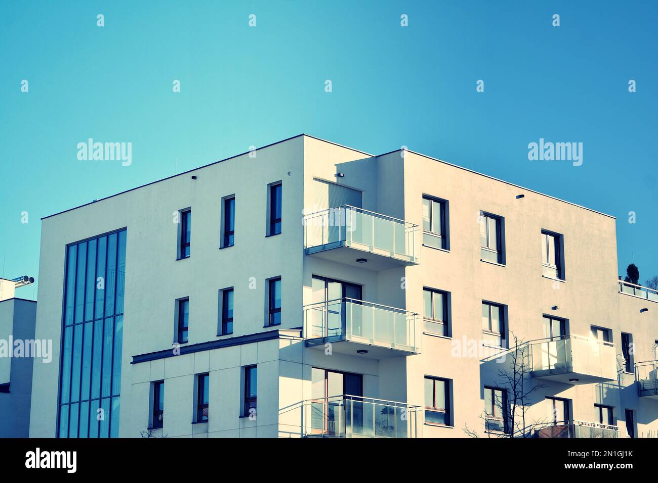 View of architectural exterior detail of residential apartment building ...