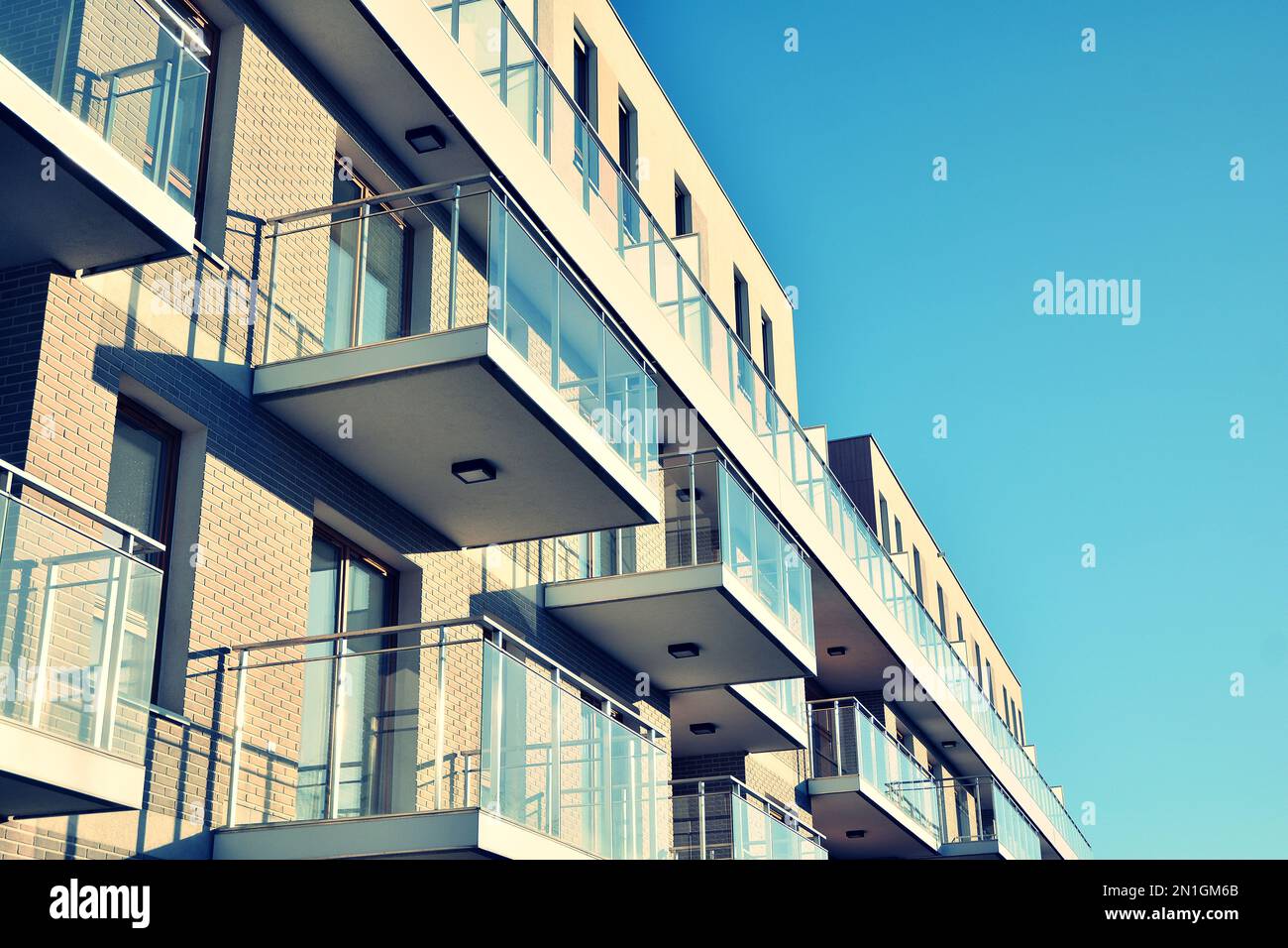 View of architectural exterior detail of residential apartment building ...
