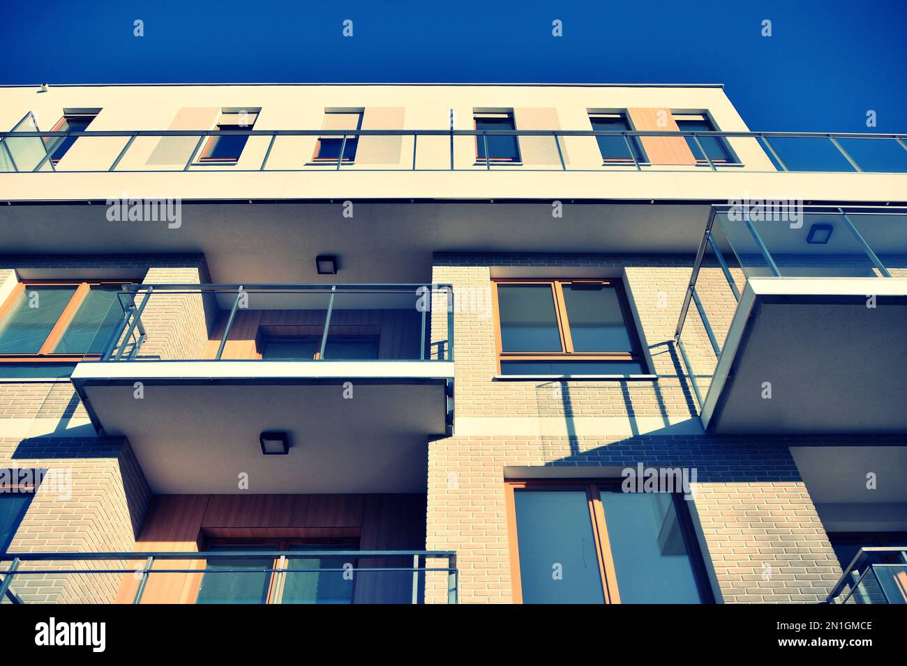 View of architectural exterior detail of residential apartment building ...