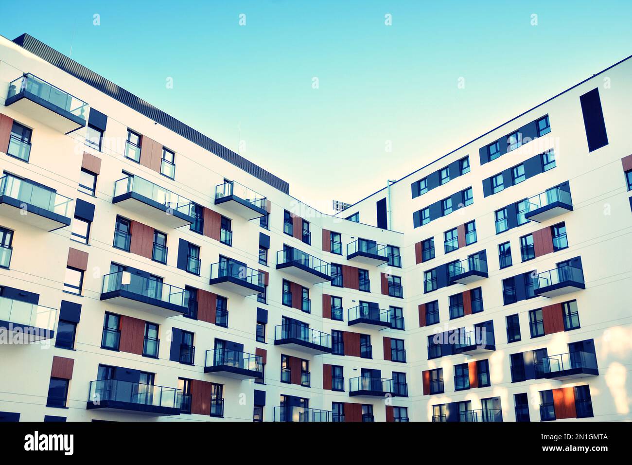 View of architectural exterior detail of residential apartment building ...