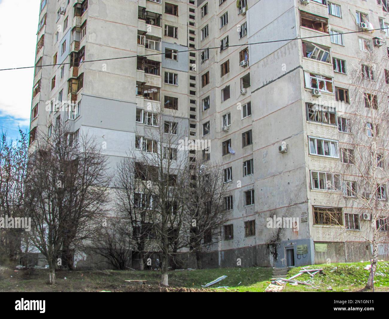 Kharkiv, Kharkov, Ukraine - 05.07.2022: destroyed city building apartment broken windows in ...