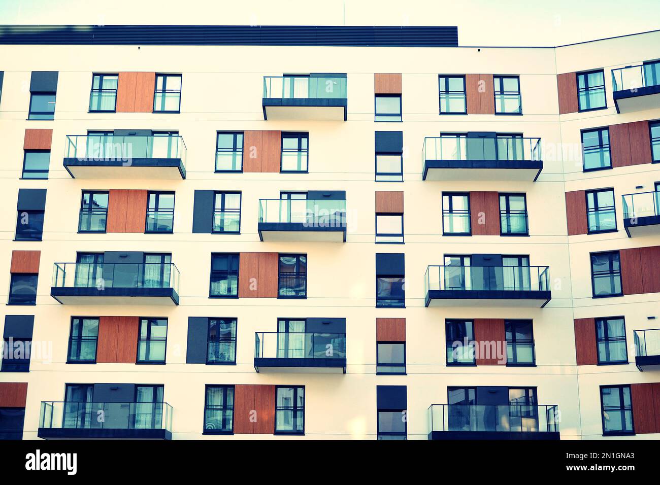 View of architectural exterior detail of residential apartment building ...
